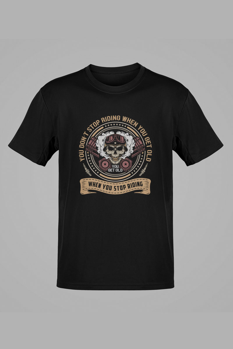 Black Classic Fit Biker T-Shirt – “You Don’t Stop Riding” Skull Edition ...